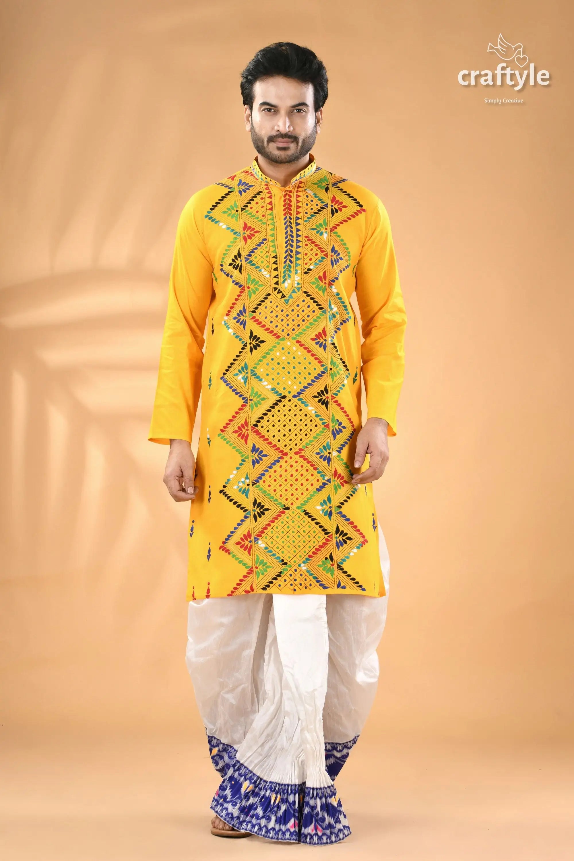 Marigold Yellow Multicolor Kantha Work Cotton Punjabi for Men – Craftyle